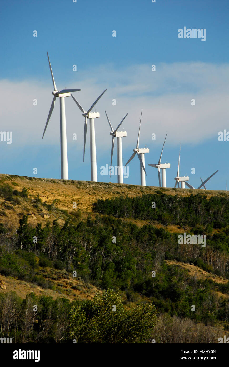 Wind powered turbine windmills in Wyoming WY Stock Photo - Alamy