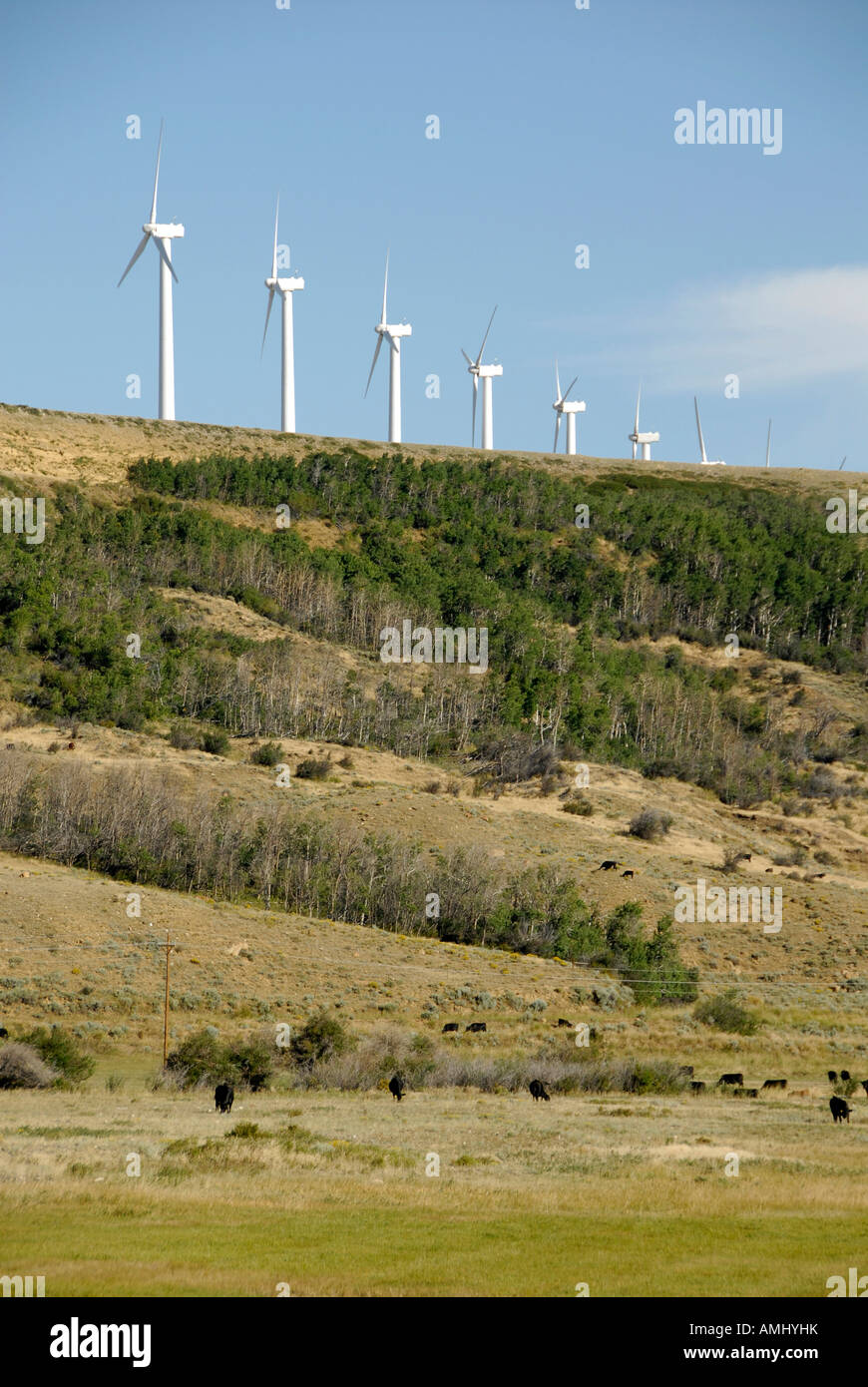 Wind powered turbine windmills in Wyoming WY Stock Photo - Alamy