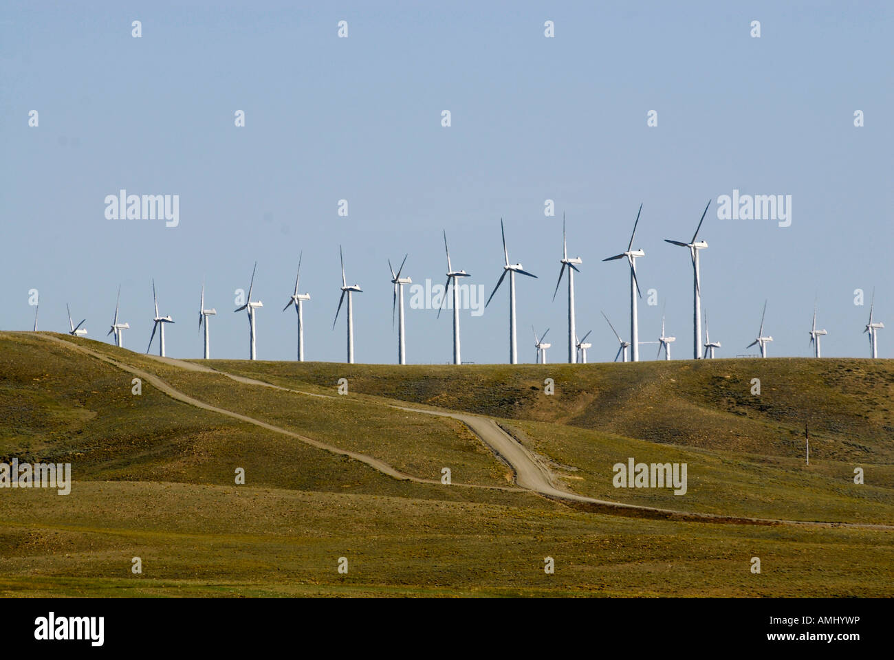 Wind powered turbine windmills in Wyoming WY Stock Photo - Alamy