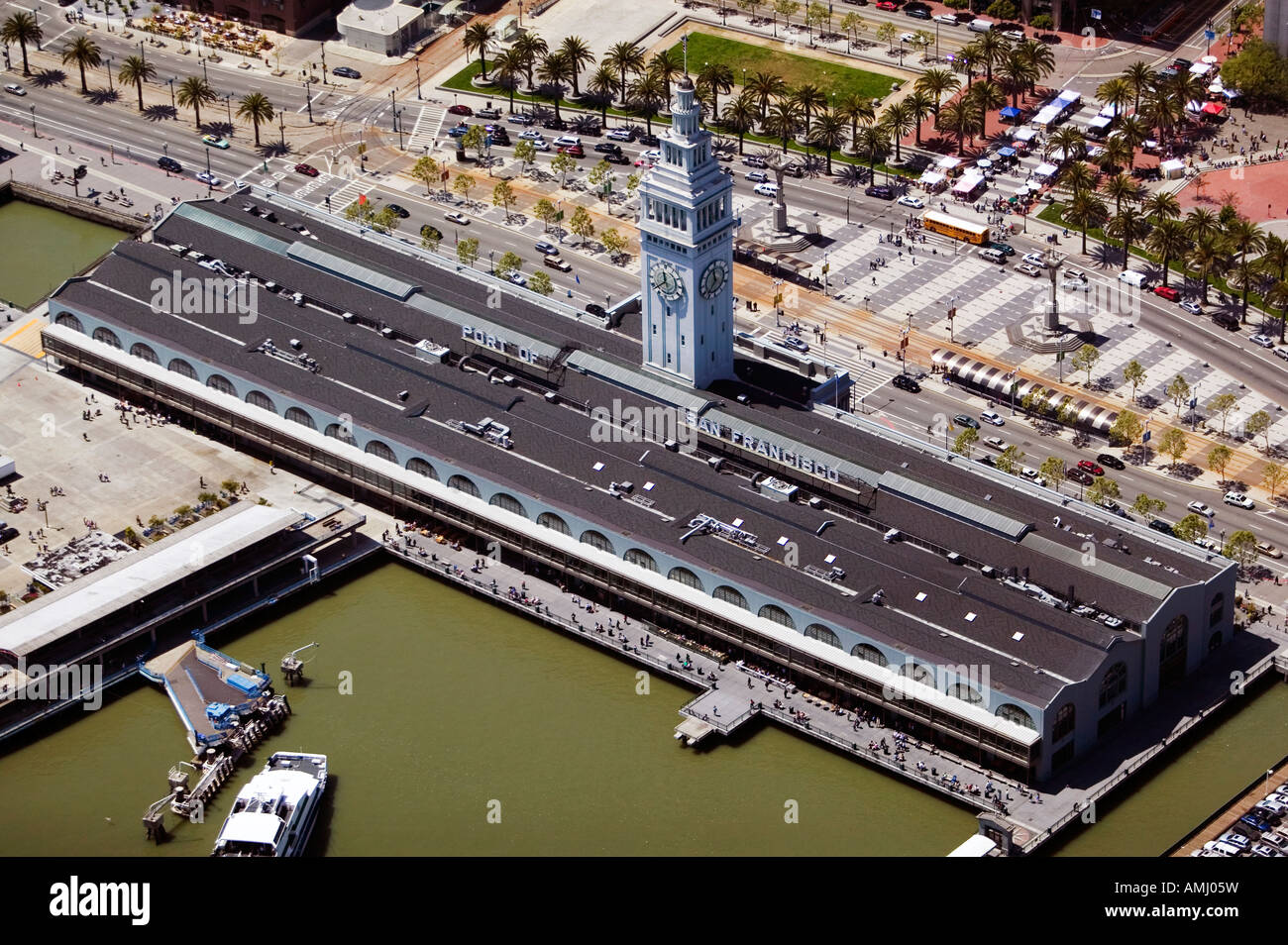 aerial view above Ferry building Embarcadero Port of San Francisco ...