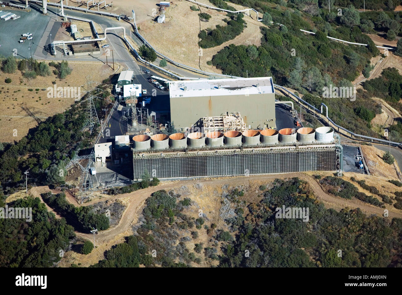 aerial view above Calpine geothermal power generation gysers border of ...