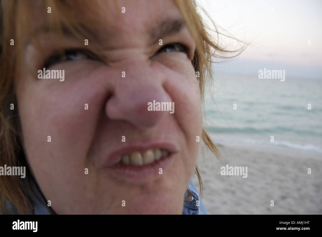 Miami Beach Florida,Atlantic Ocean water woman makes angry face,scary ...