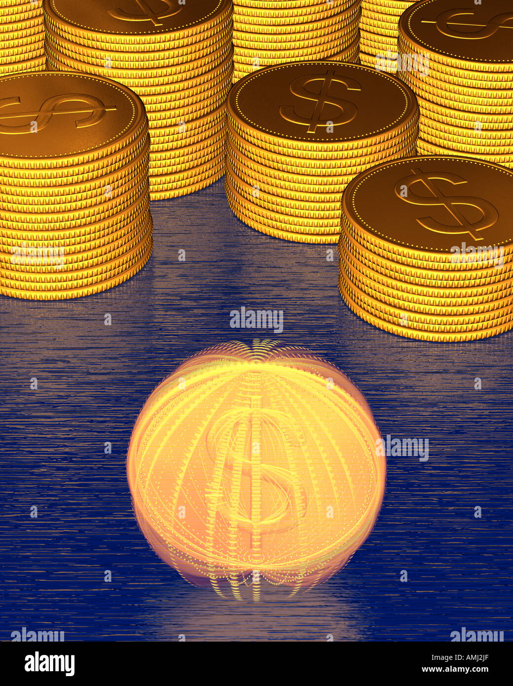 Stacks of Coins and Spinning Coin With Dollar Signs Stock Photo - Alamy