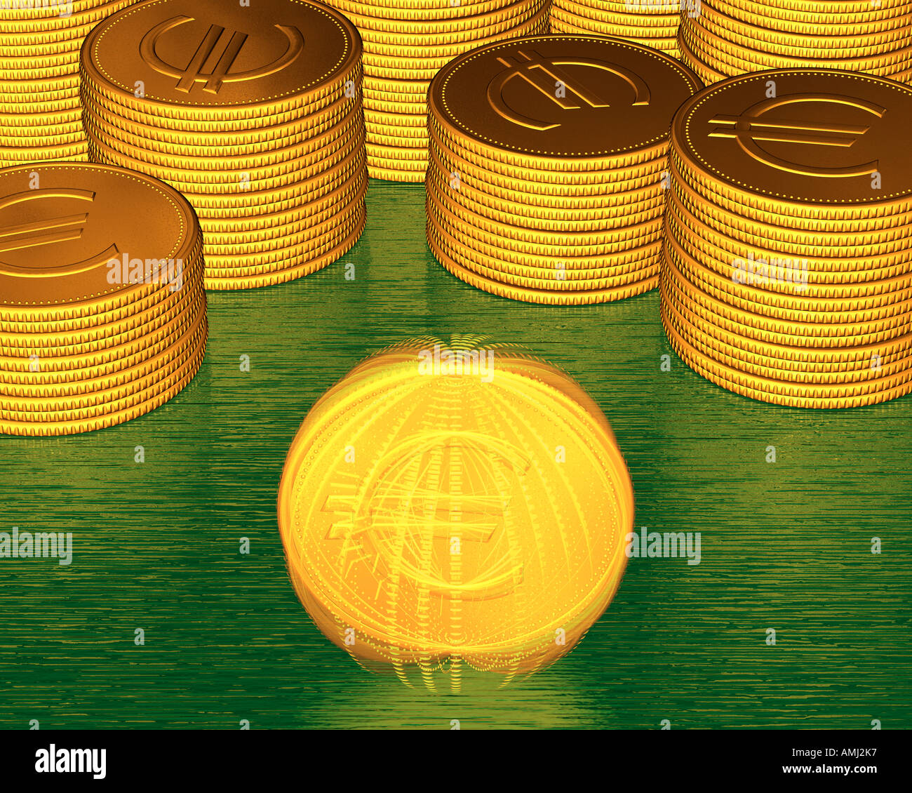 Stacks of Coins and Spinning Coin With Euro Symbols Stock Photo - Alamy