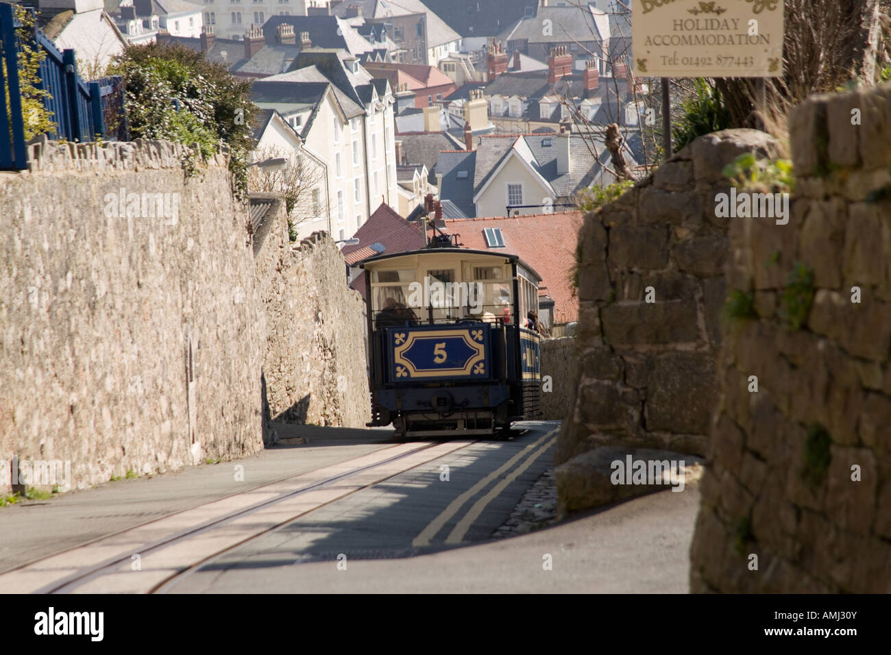 Tram on the Victorian Tramway climbing up the Great Orme at LLandudno, North Wales, United ...