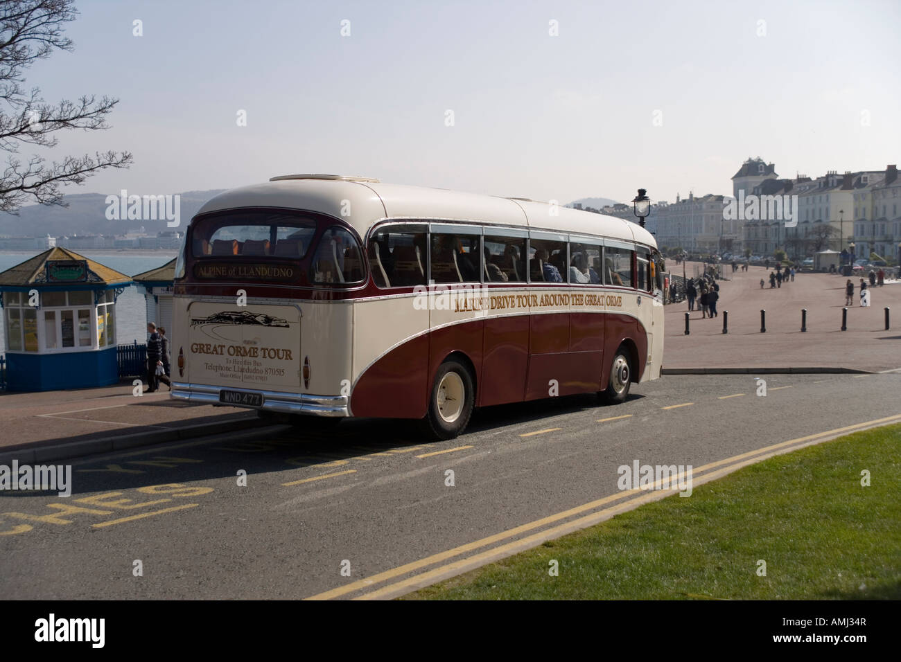 Old Classic Leyland coach on the sea front at LLandudno, North Wales ...