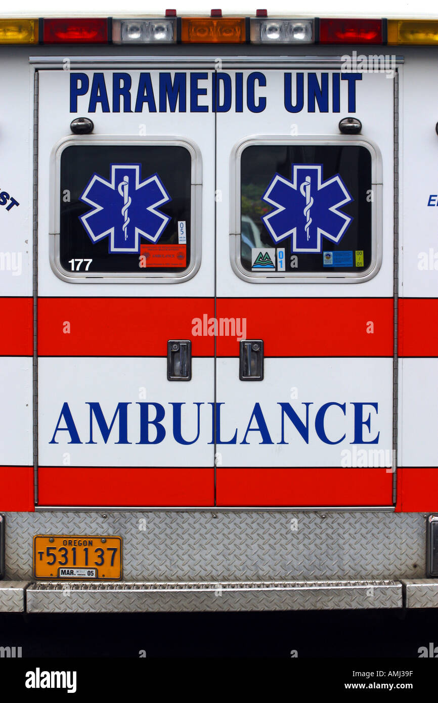 Rear view of an ambulance or paramedic vehicle Stock Photo - Alamy