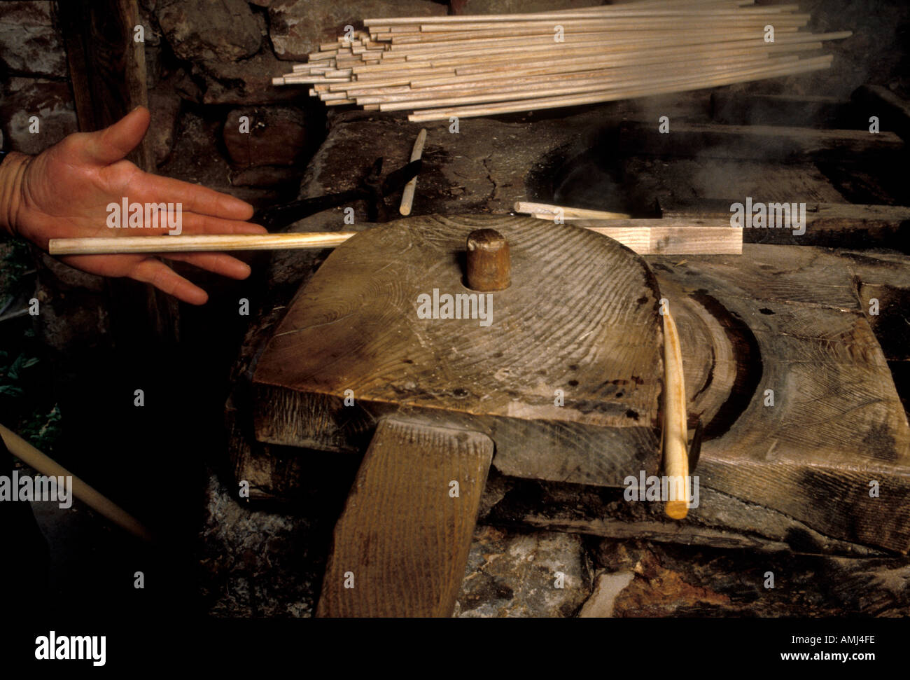 John Rudd making the traditional hay rake in his workshop bending part ...