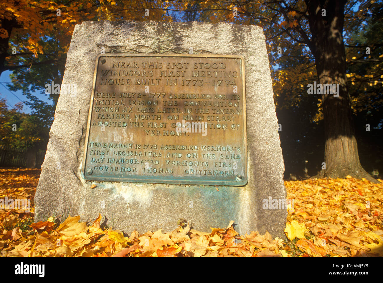 Stone and plaque marking founding of Windsor VT in autumn Stock Photo ...
