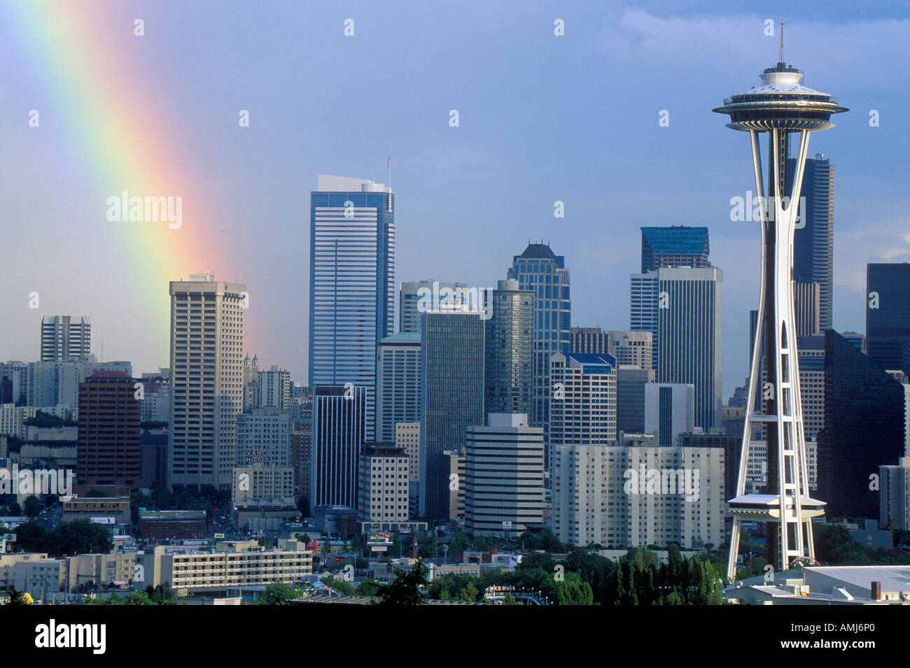 Rainbow over Seattle WA skyline with Space Needle Stock Photo - Alamy