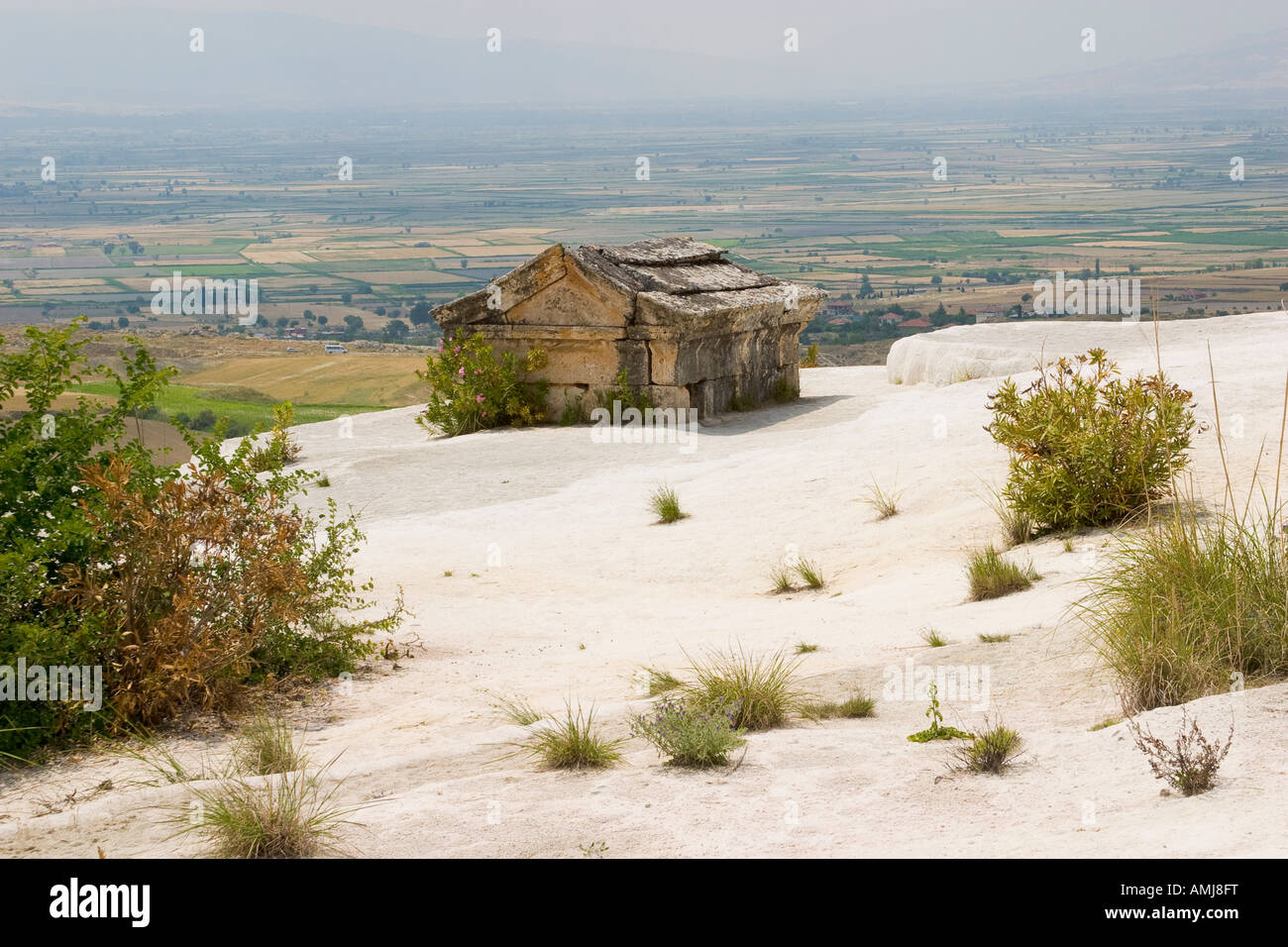 Sarcophagus embedded in white travertine rocks of Pamukkale ancient ...