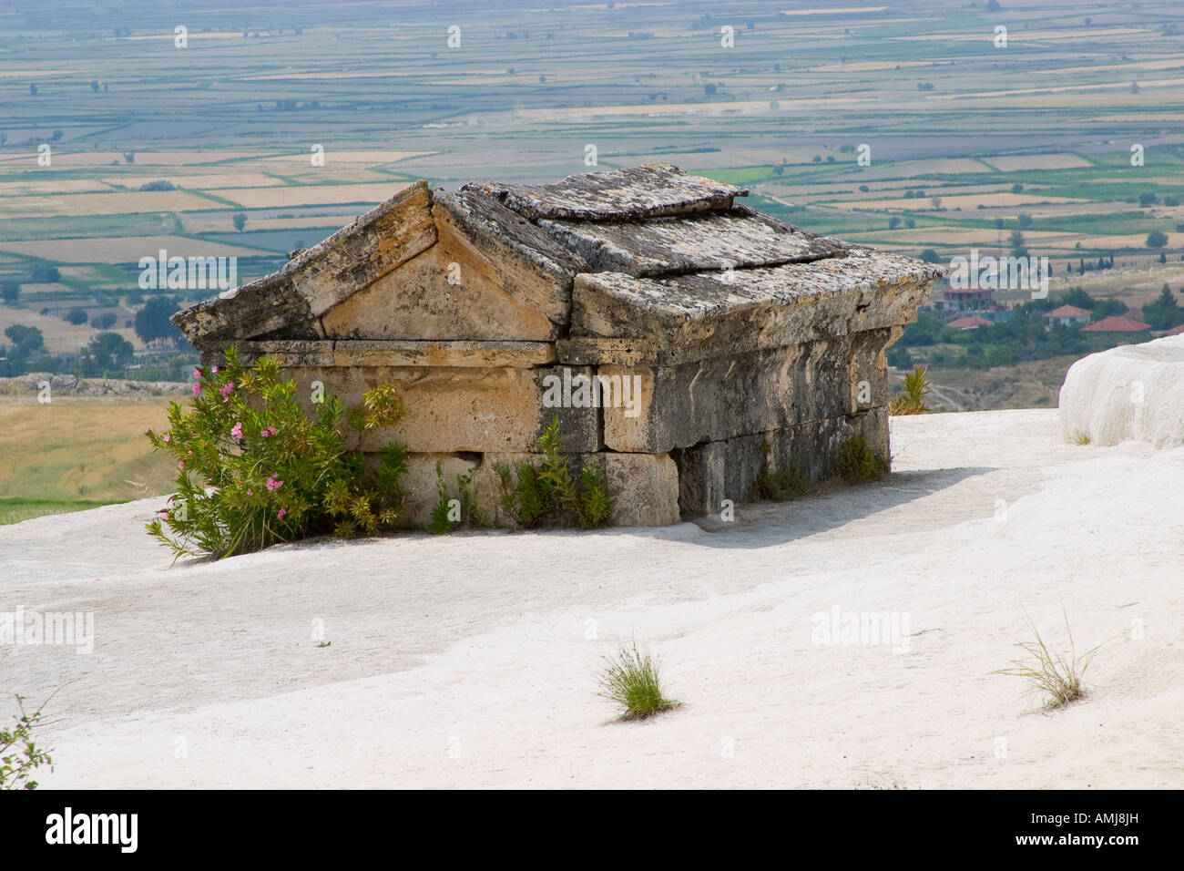 Sarcophagus embedded in white travertine rocks of Pamukkale ancient ...