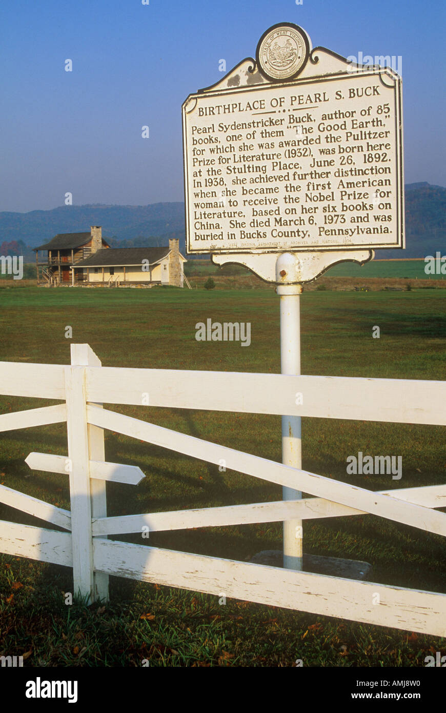 Roadside plaque commemorating birthplace of author Pearl S Buck who ...
