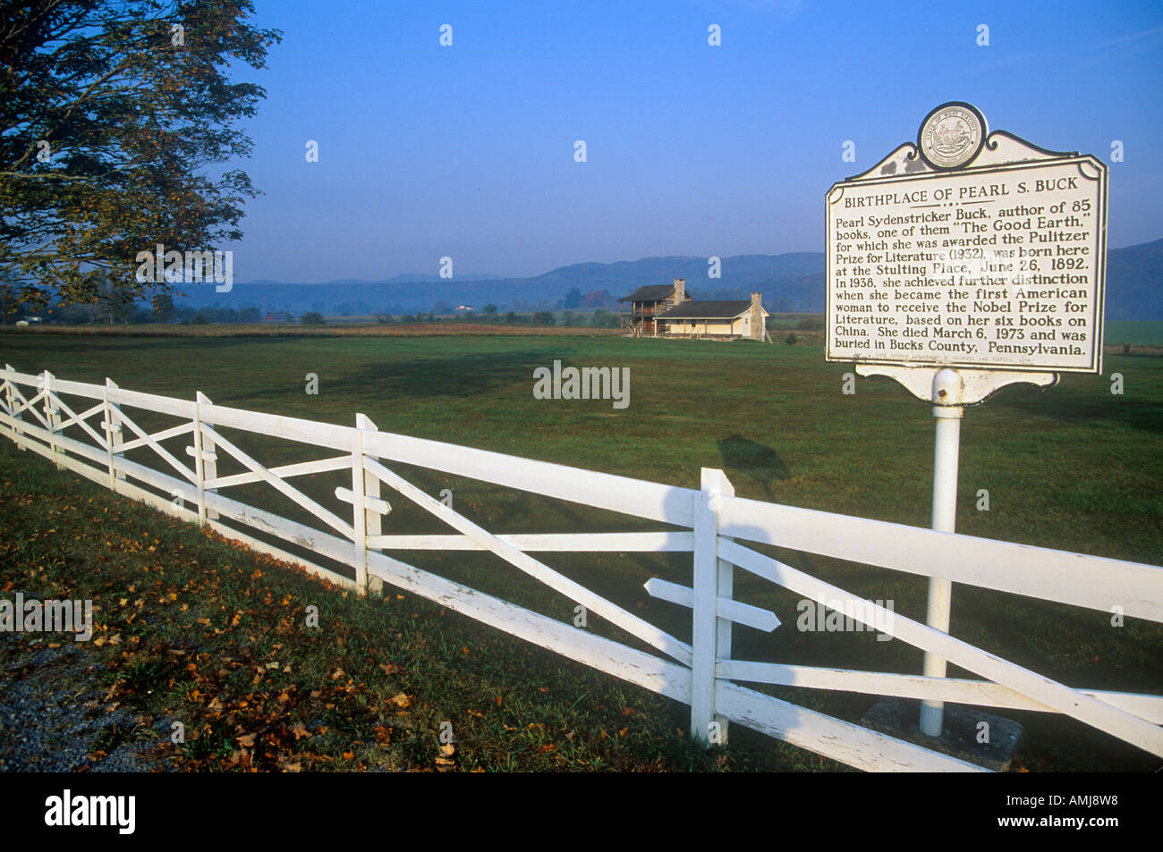 Roadside plaque commemorating birthplace of author Pearl S Buck who ...