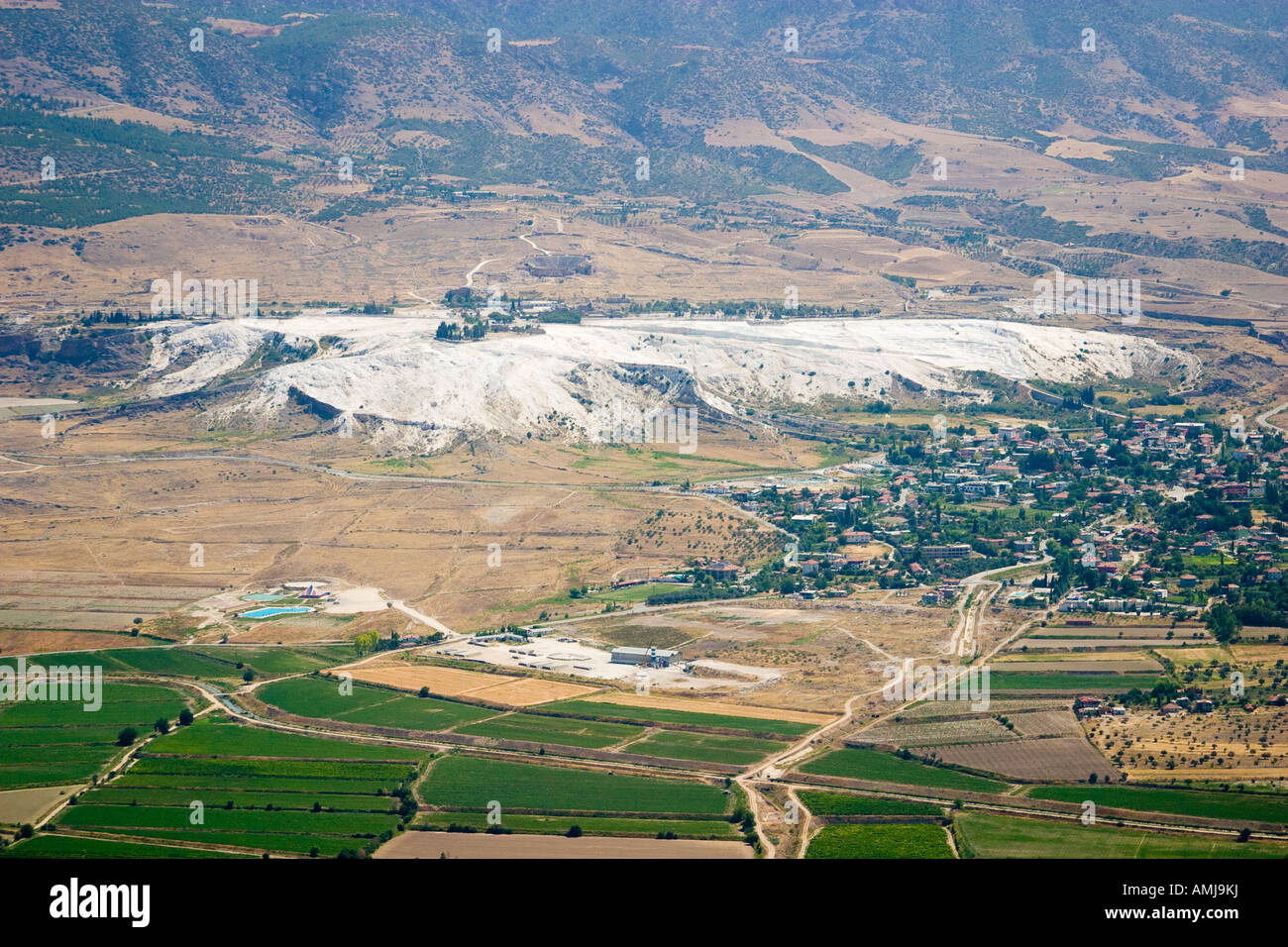 Aerial view of the travertine rocks Pamukkale ancient Hierapolis Turkey ...