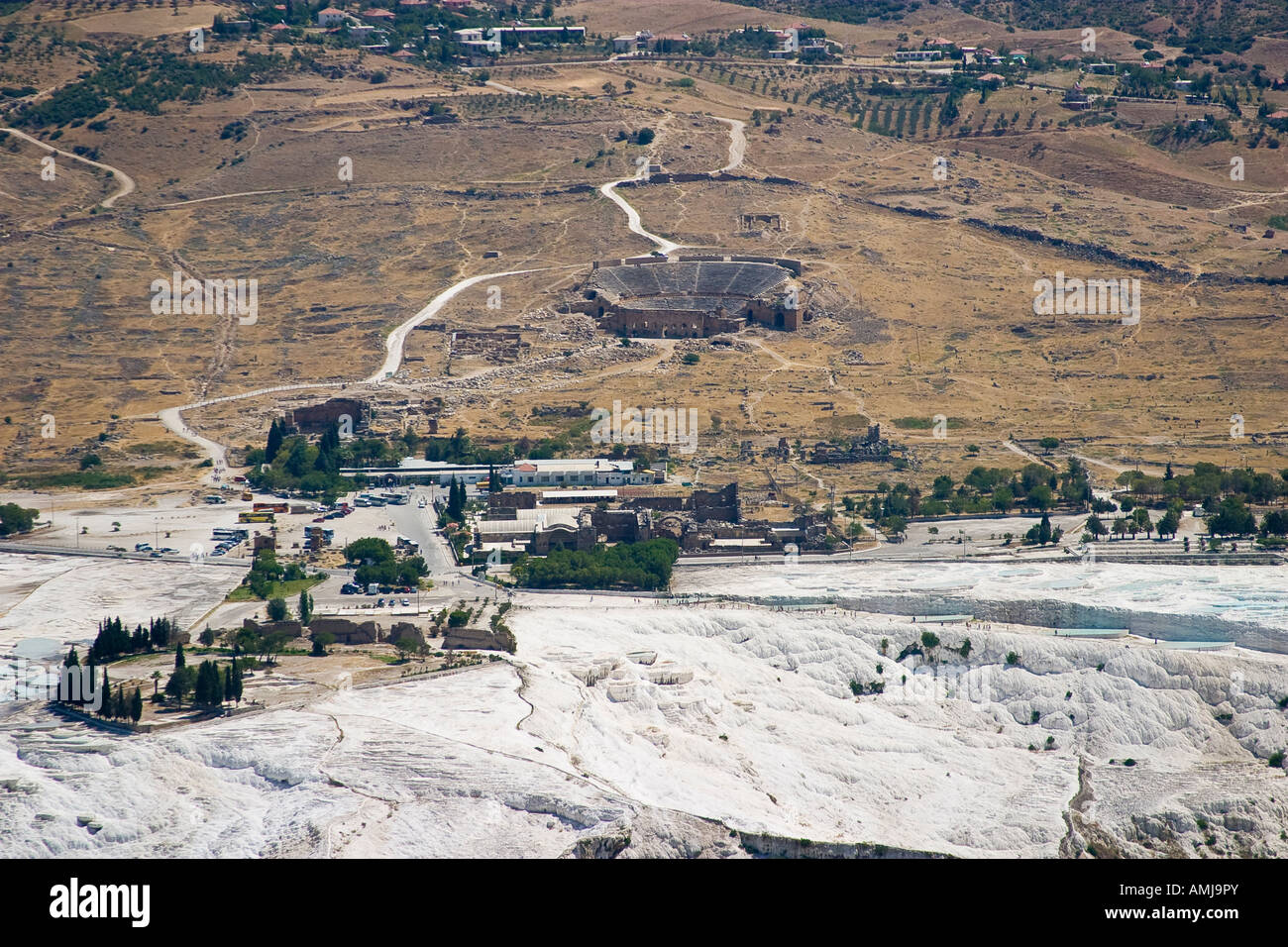 Aerial view of the travertine rocks and the Roman amphitheater of the ...