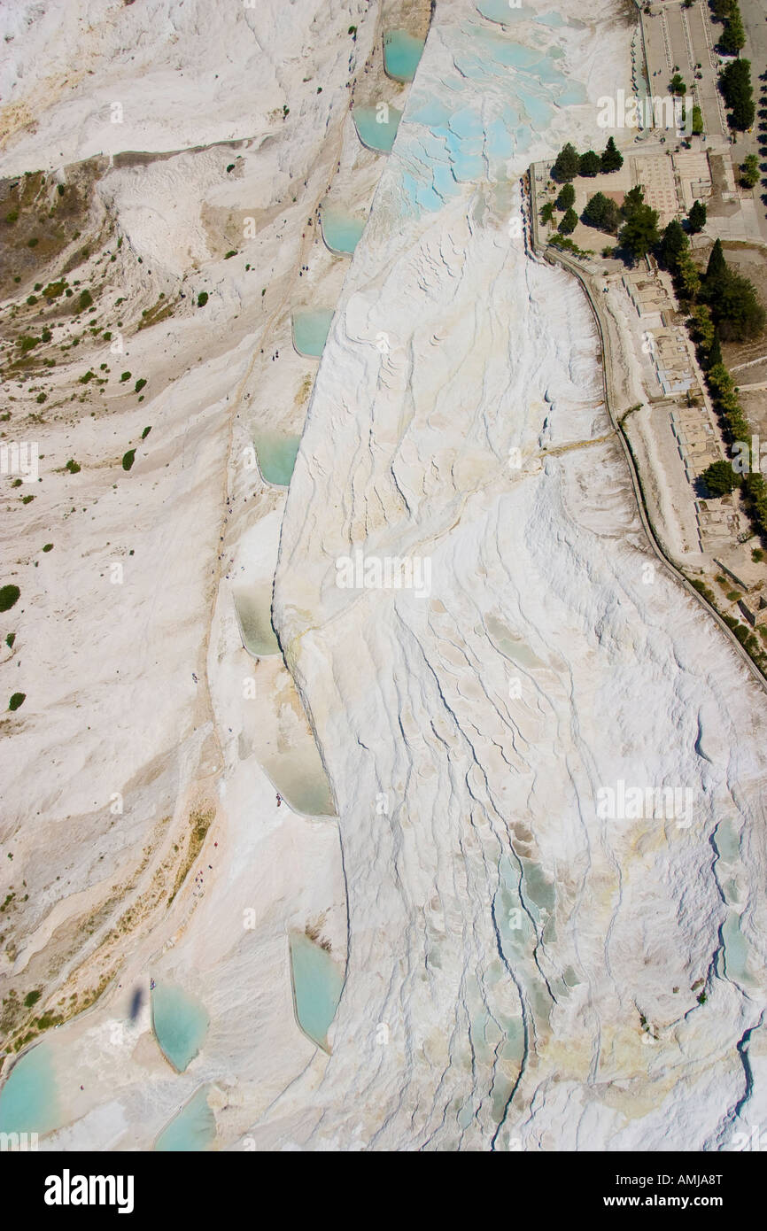 Aerial view of the travertine rocks and pools Pamukkale ancient ...