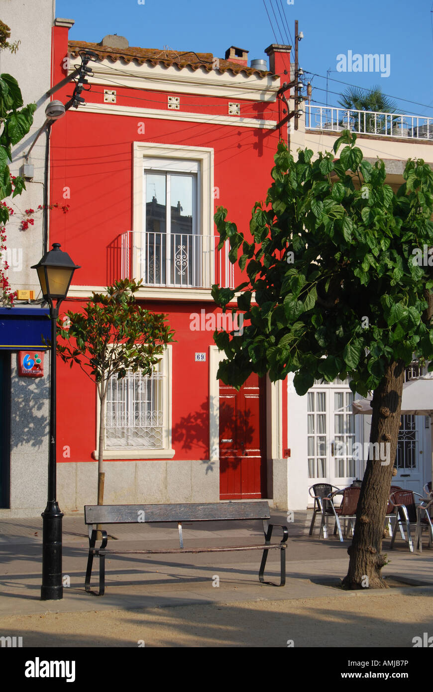 characteristic red facade in Calella town Costa Dorada Spain Stock ...