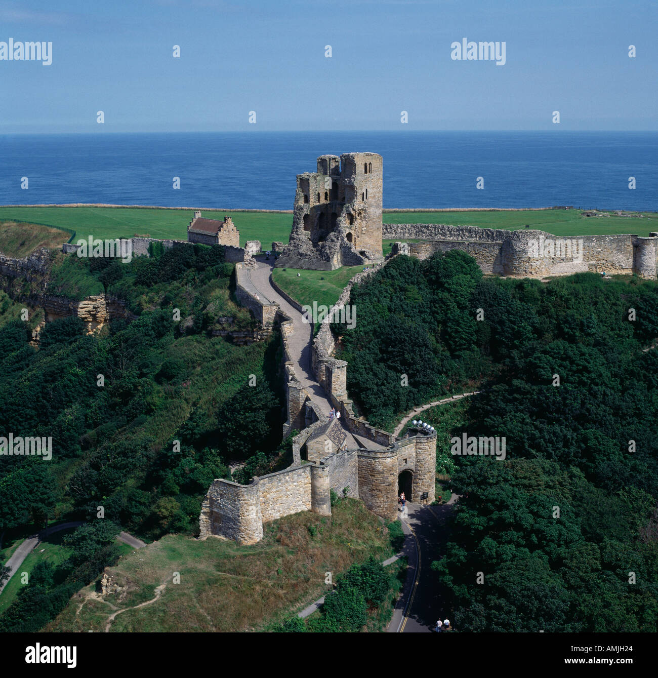 Aerial view of Scarborough Castle overlooking sea NorthYorkshire UK ...
