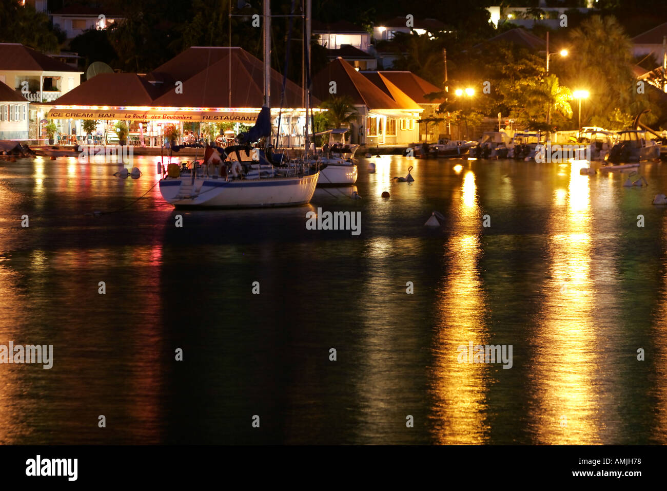 Reflections and lights on Gustavia Harbour at night St Barts Stock ...