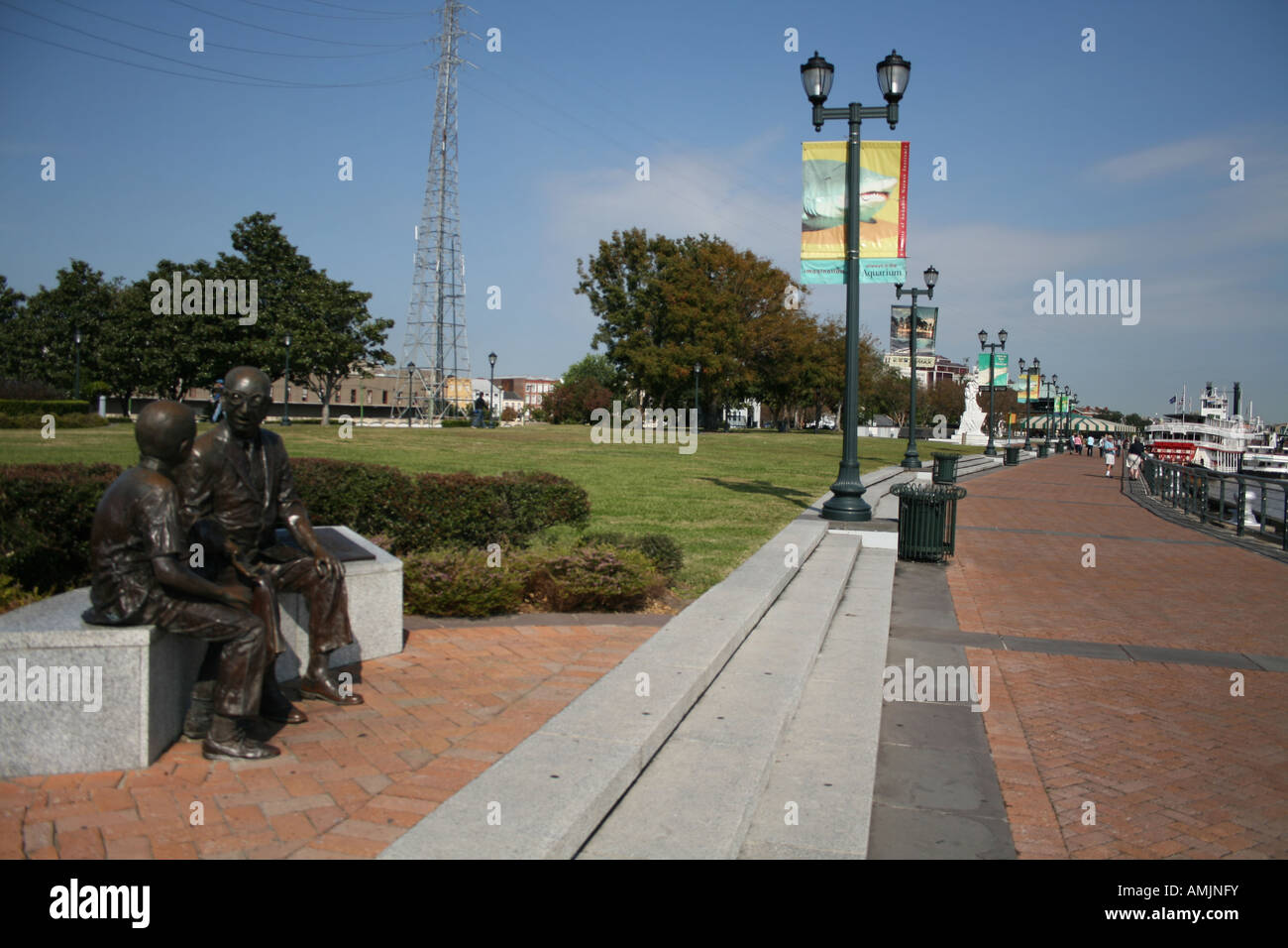 metal statue of Malcolm Woldenberg in Woldenberg riverfront park ...