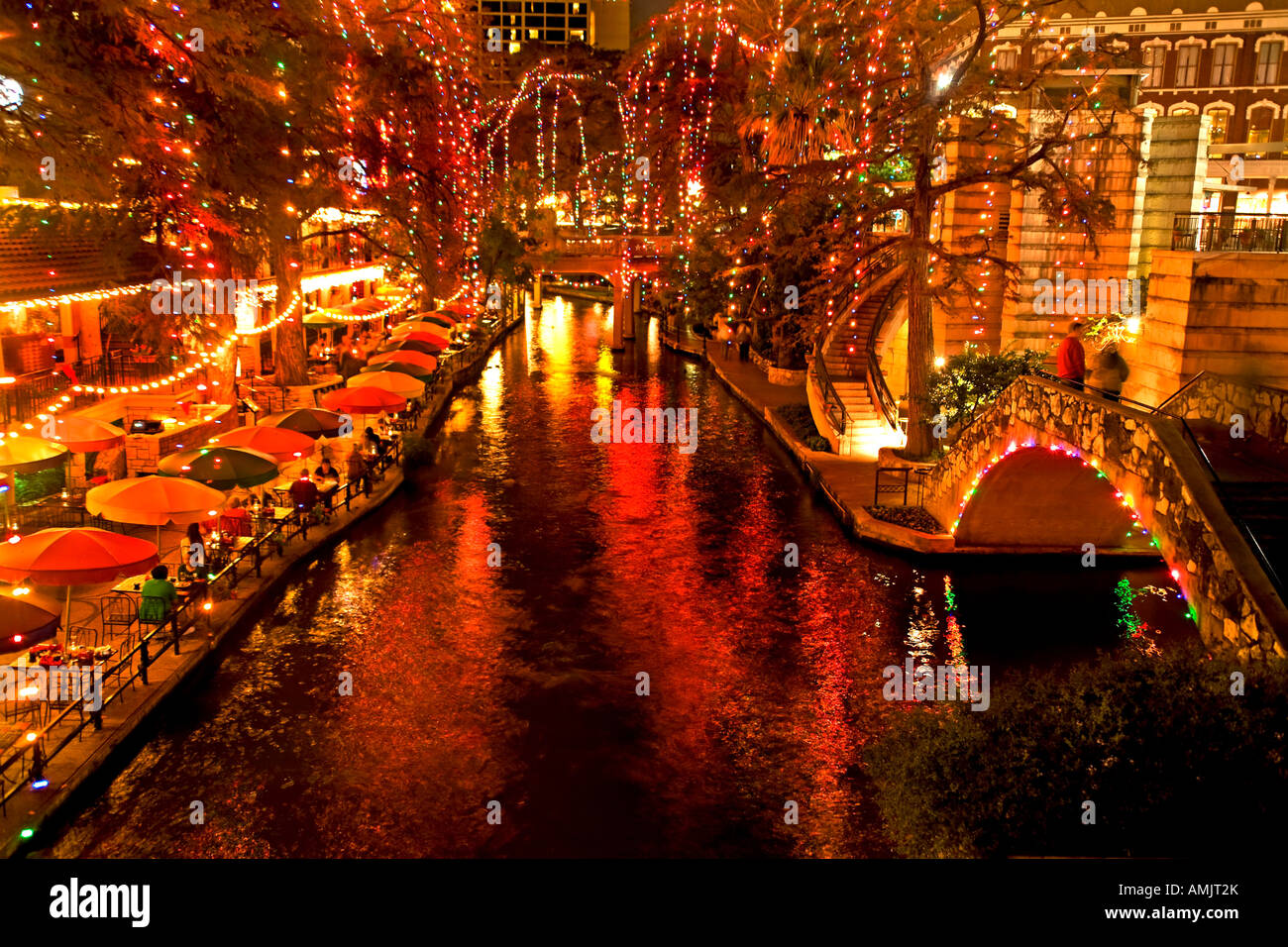 River Walk night Christmas umbrellas full bridge San Antonio, Texas ...