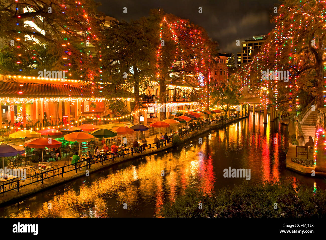San Antonio Texas River Walk Christmas umbrellas reflections Stock ...