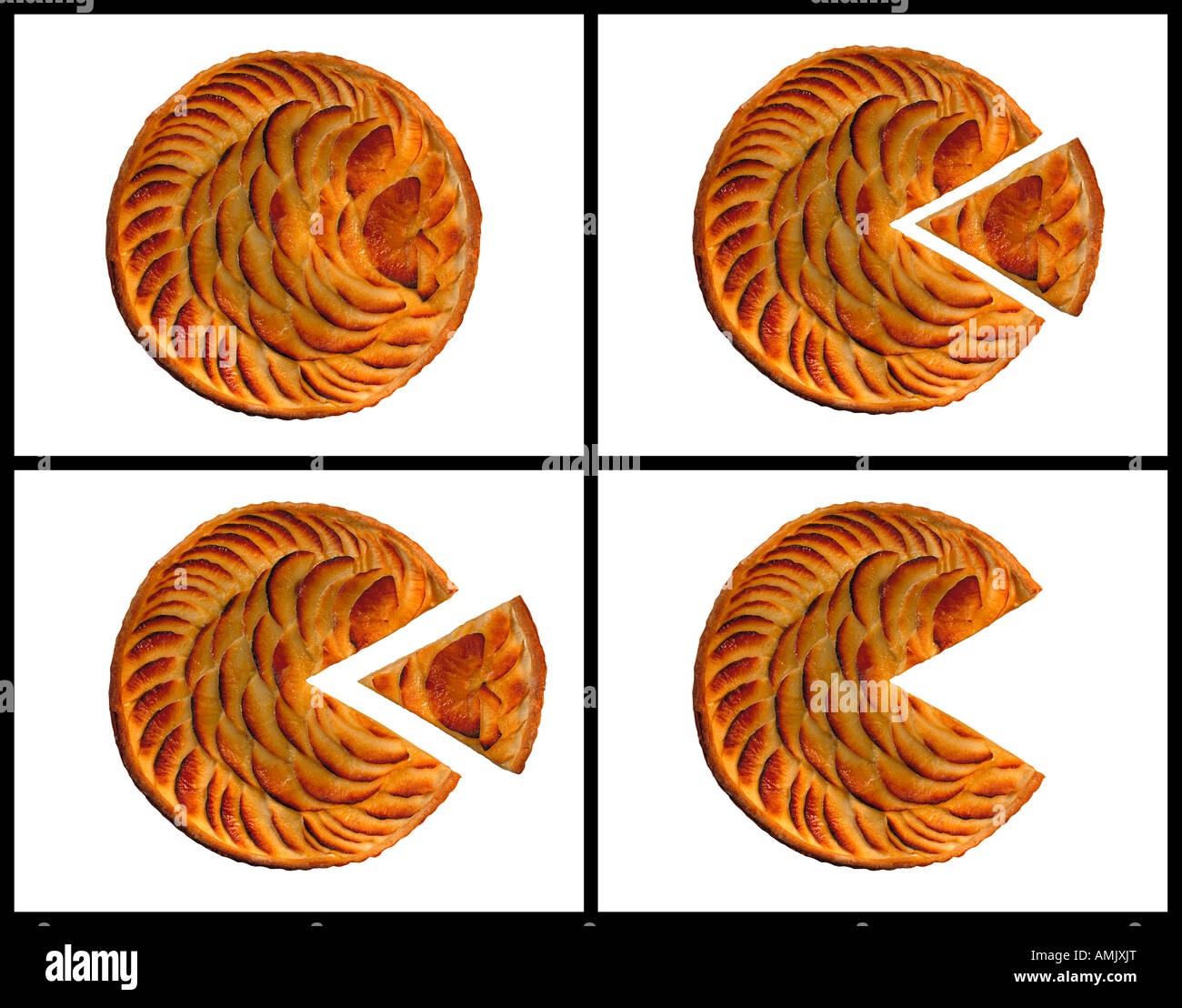 FOUR PICTURE SEQUENCE OF ROUND APPLE PIE WITH TRIANGULAR SLICE Stock ...