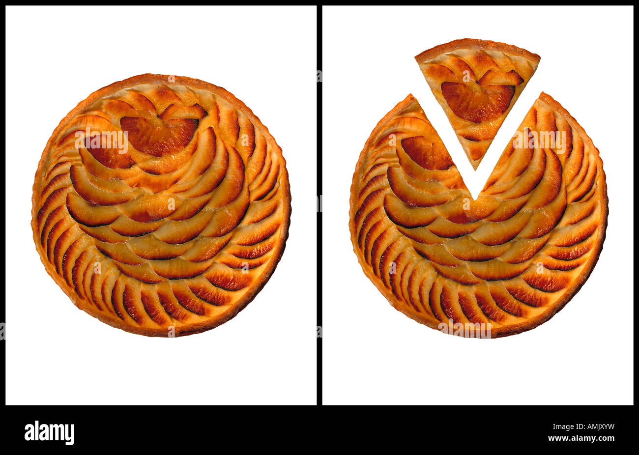 TWO PICTURE SEQUENCE OF CIRCULAR APPLE PIE WITH TRIANGULAR SLICE Stock ...