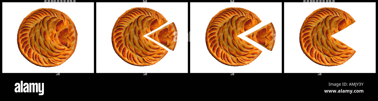 FOUR PICTURE SEQUENCE OF ROUND APPLE PIE WITH TRIANGULAR SLICE Stock ...