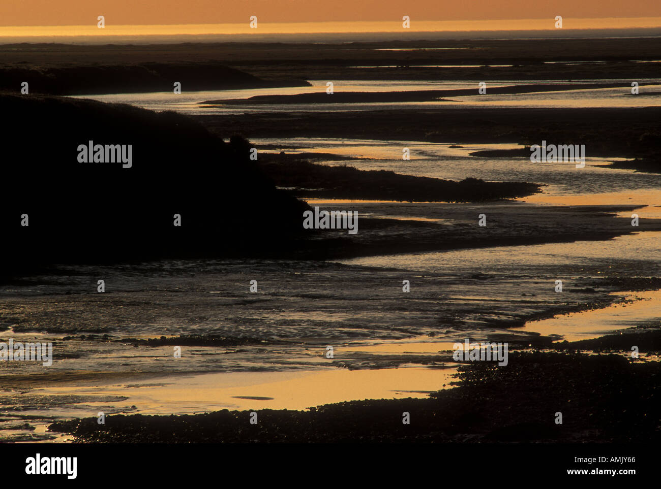 Midnight sun reflects in Okpilak River 1002 area coastal plain ANWR ...