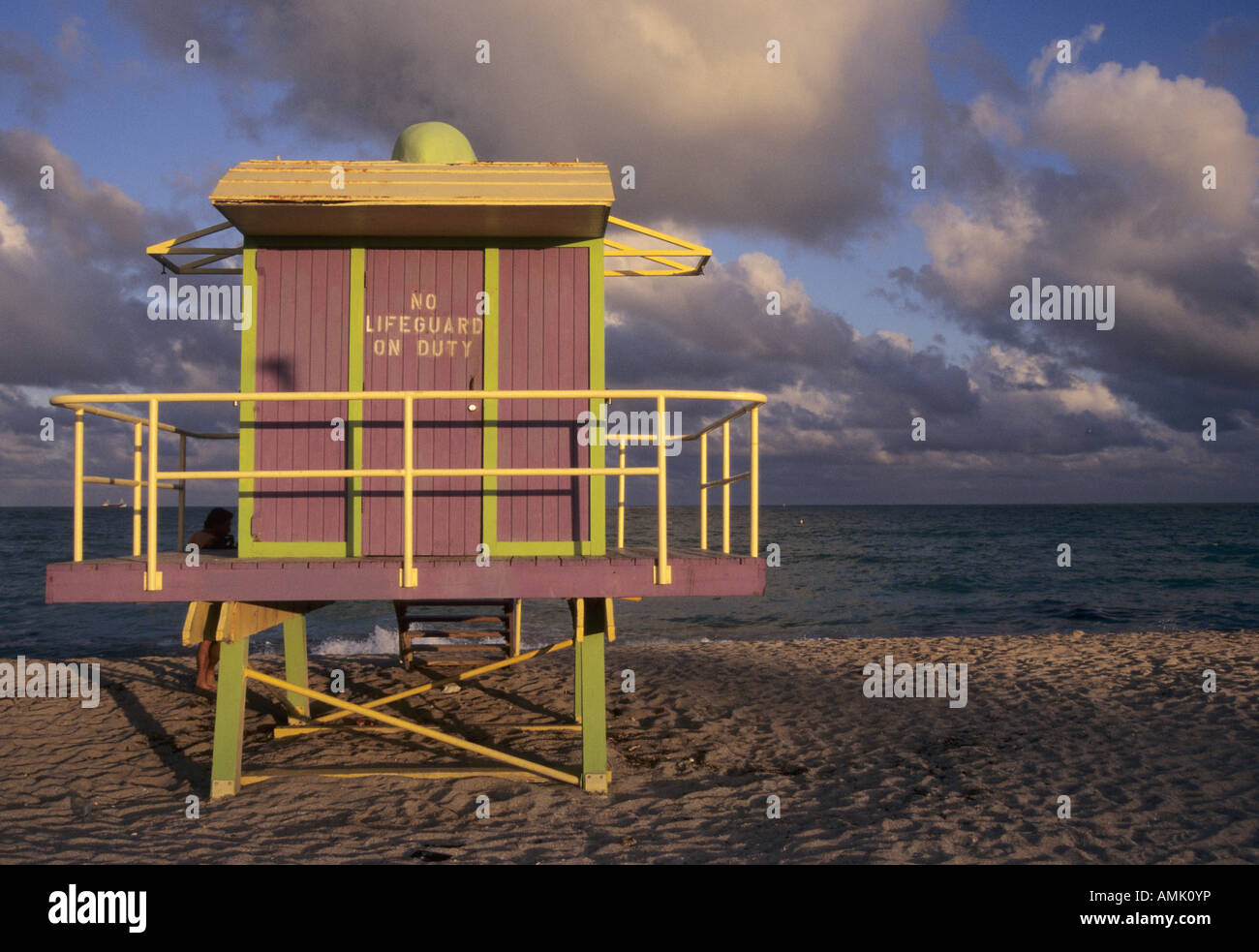 rectangular lifeguard tower at sunset in Miami South Beach Florida USA ...