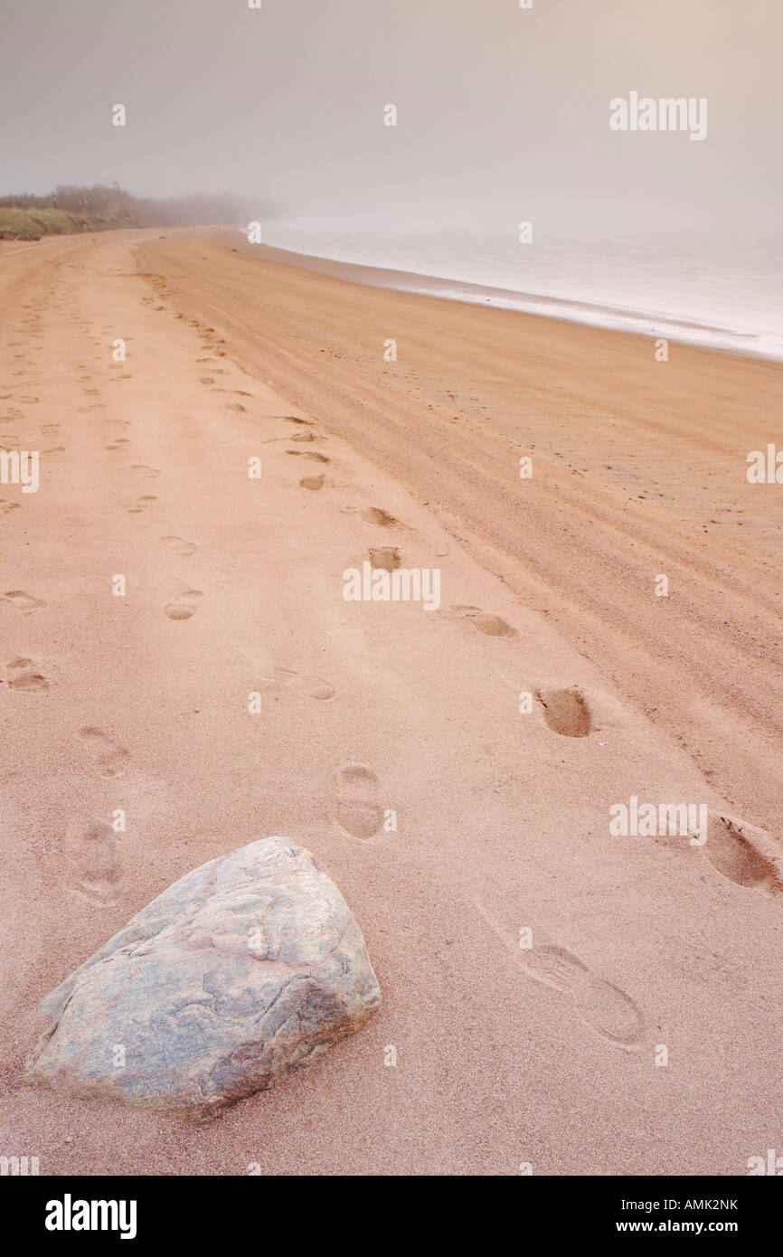 Footprints in the sand at the Pinware River mouth shrouded in fog ...