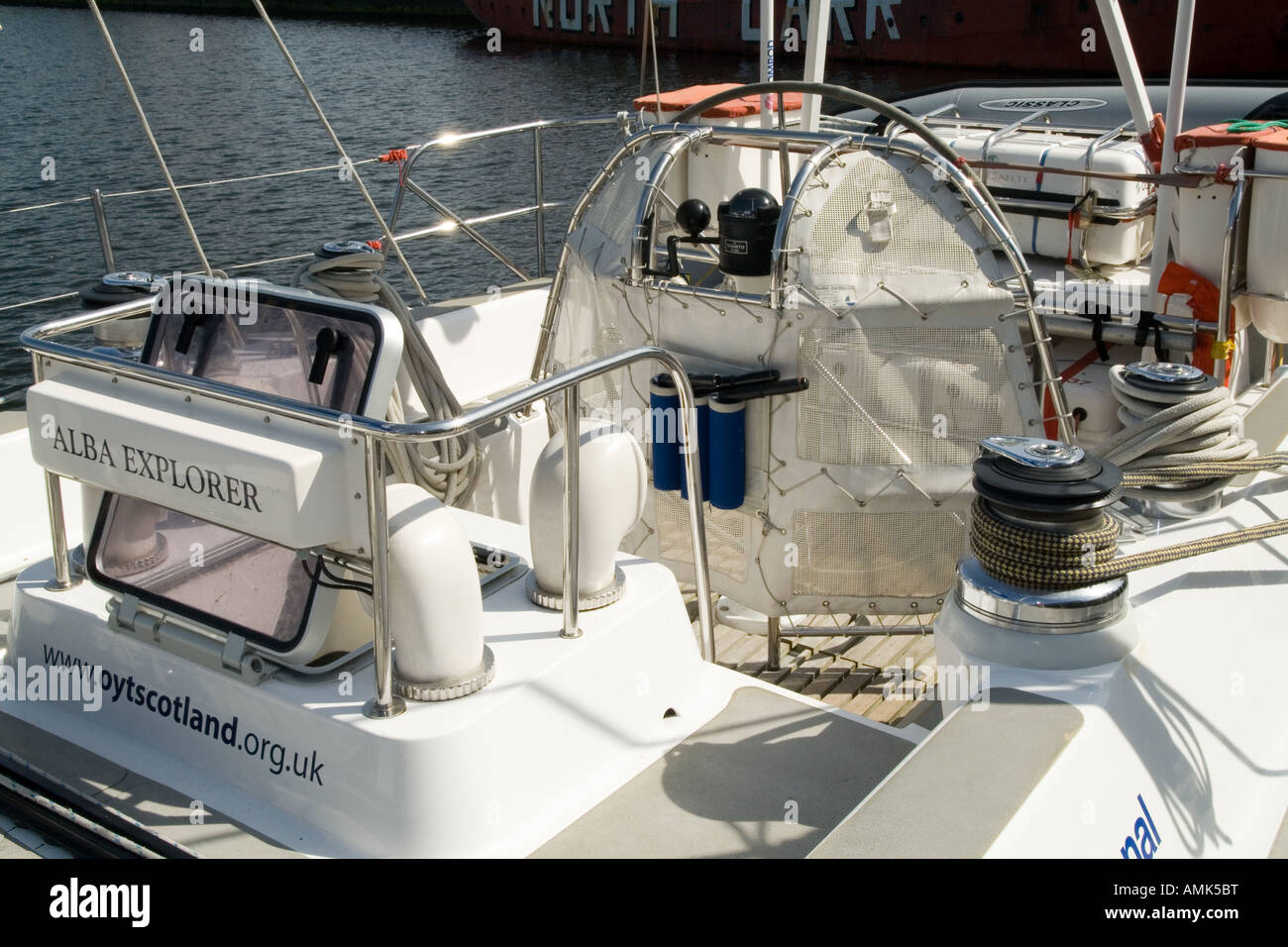 On board the deck of the Alba Explorer yacht berthed at Victoria Docks ...