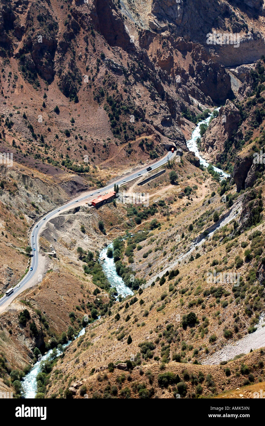 Road and river passing through a valley, north of Tehran, Iran Stock ...