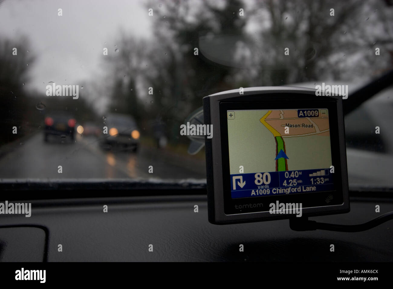 London UK. View from inside car of satellite navigation manufactured by ...