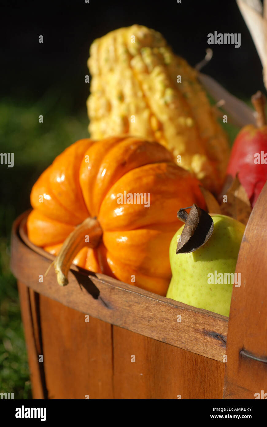 Vintage wooden fruit basket filled with autumn fruits and vegetables ...