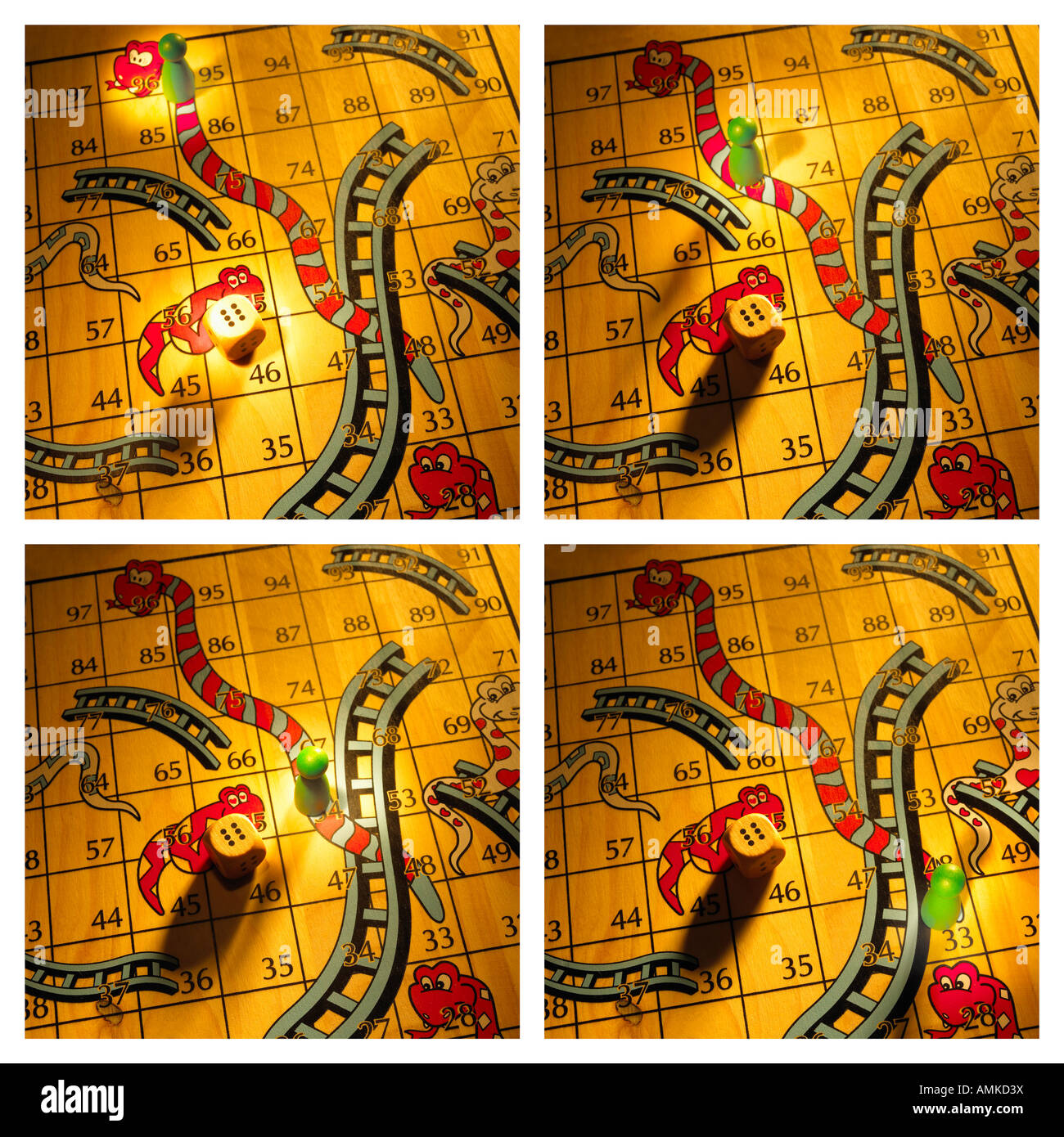 FOUR PICTURE SEQUENCE OF SNAKES AND LADDERS GAME BOARD SHOWING ...