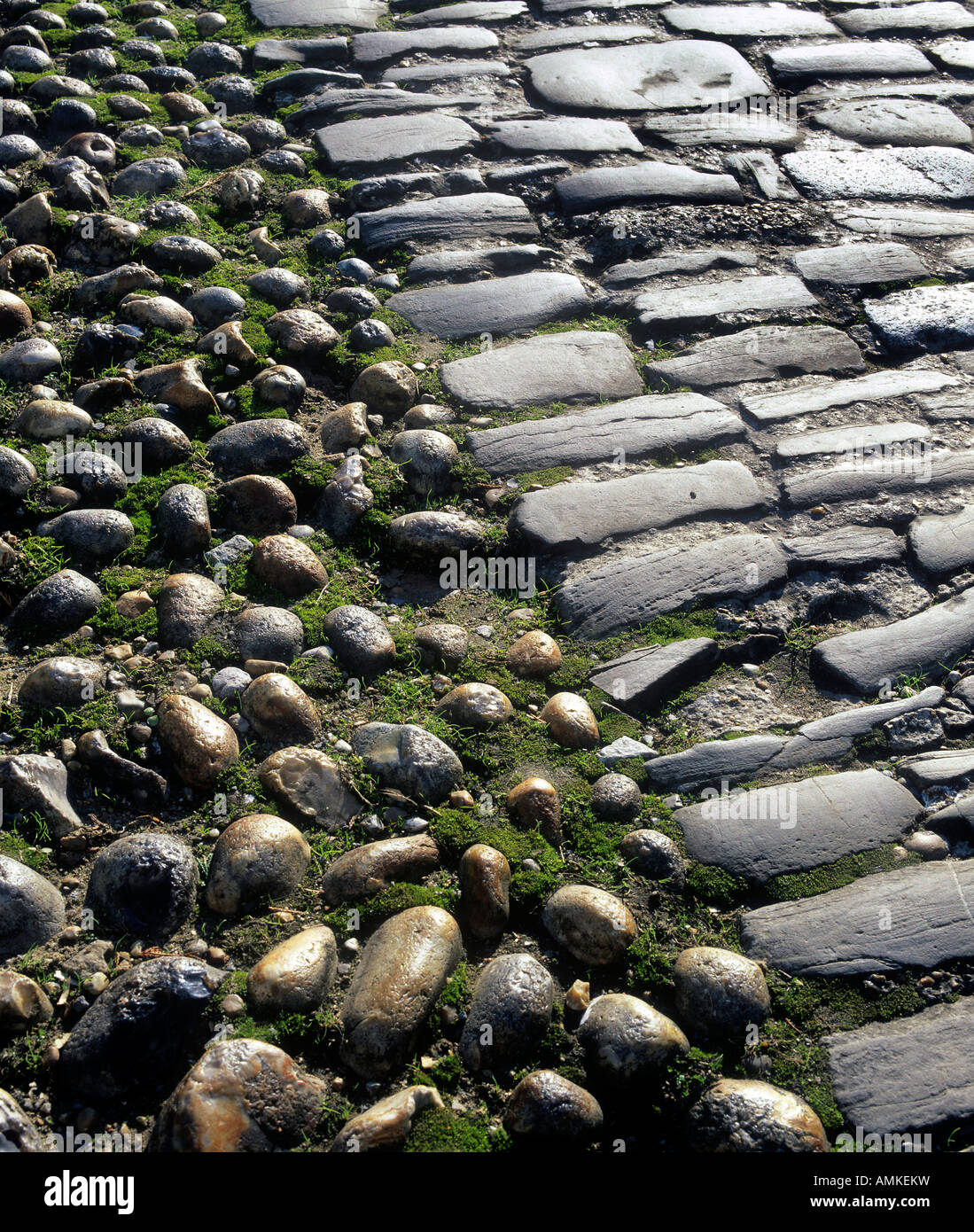 Cobbles and setts defining a footpath route in Conduit Lane, Rye, East ...