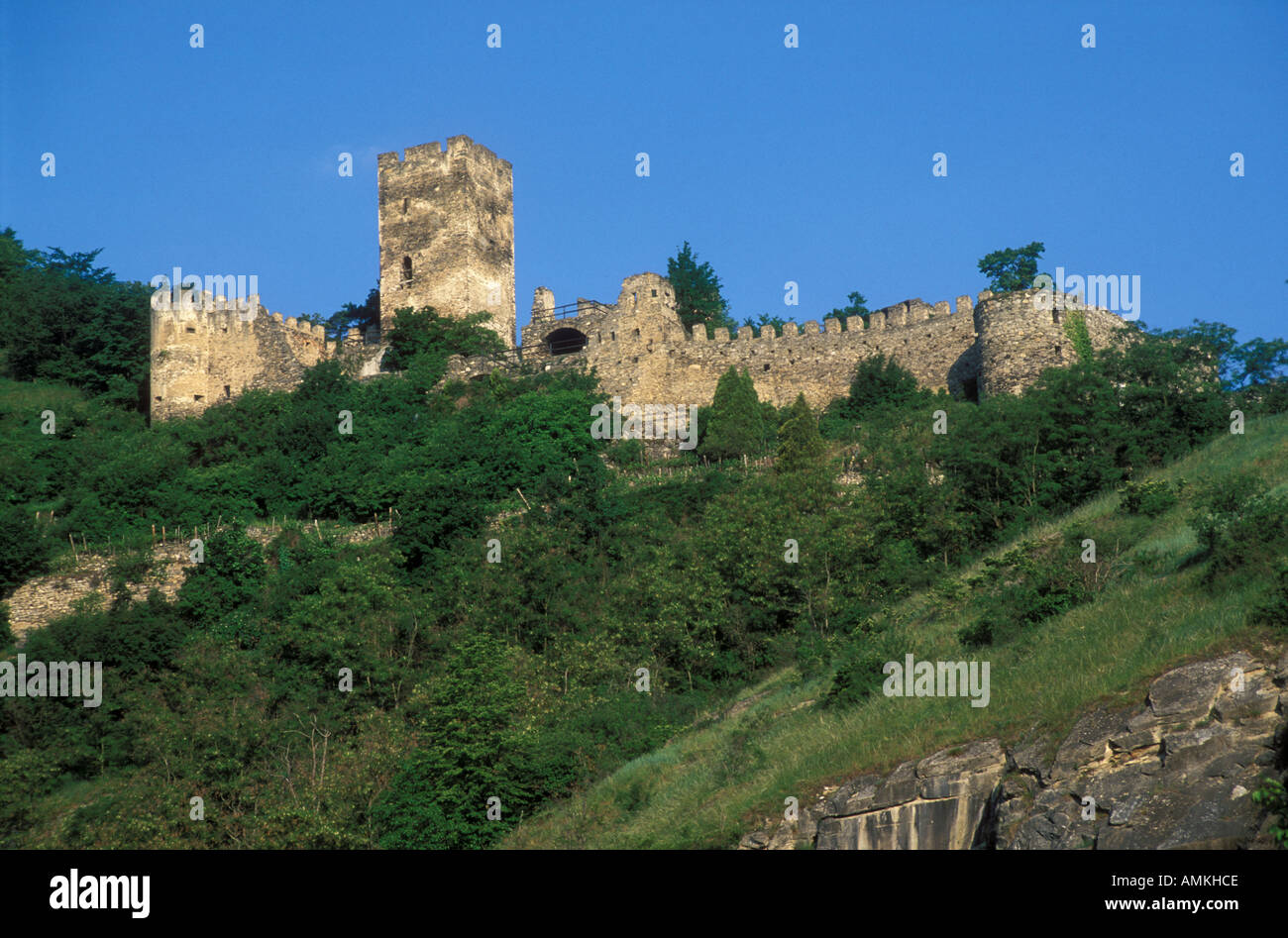 Ruins of Castle Hinterhaus above town Spitz Wachau district Danube ...
