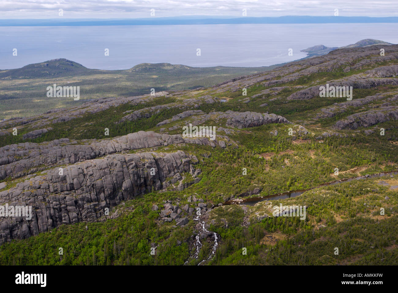 Aerial view from the Mealy Mountains of Lake Melville in Southern ...