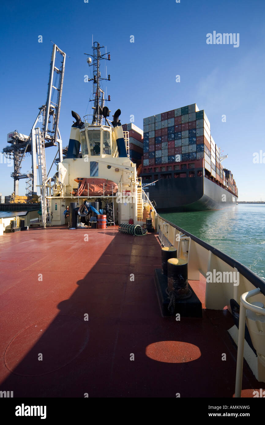 Onboard tug boat towing container ship in Southampton Docks Stock Photo ...
