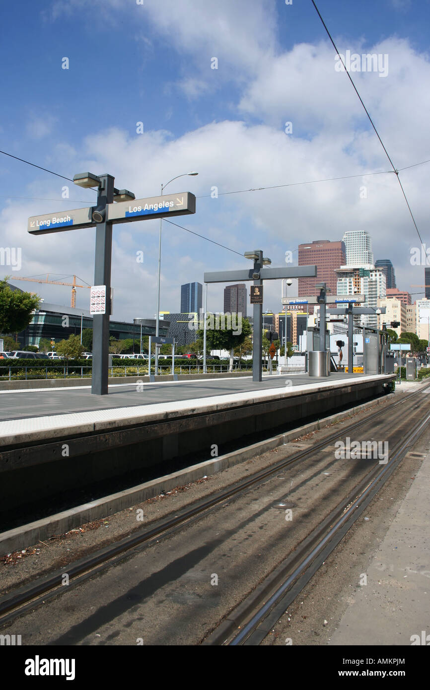 Pico blue line train station with downtown Los Angeles skyline October ...