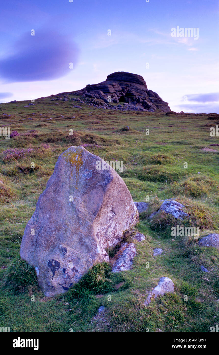 Haytor, Dartmoor with granite rock in foreground at sunset under pink ...