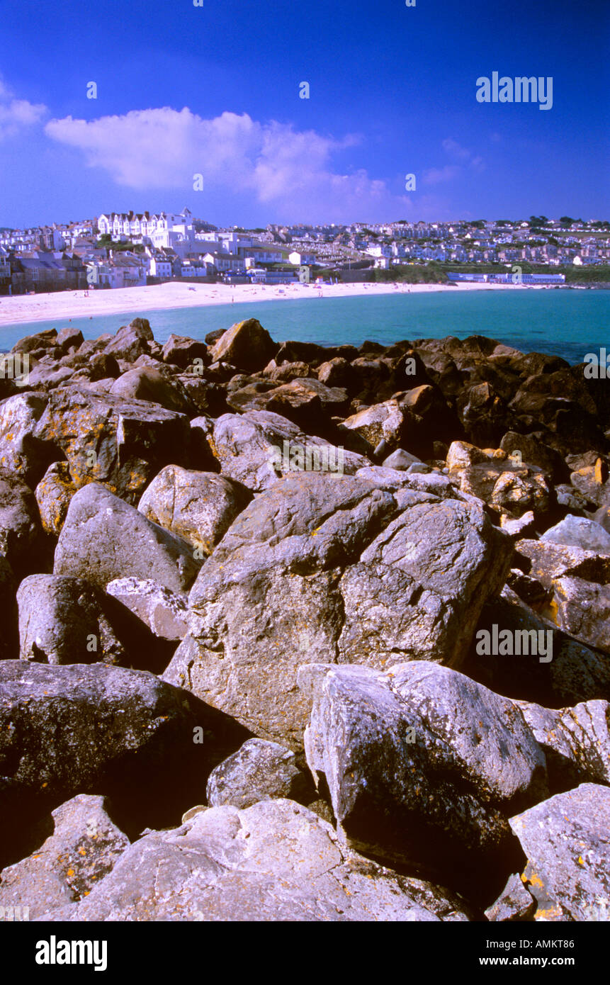Porthmoeor Beach, St Ives Cornwall with turquoise water and blue sky in ...