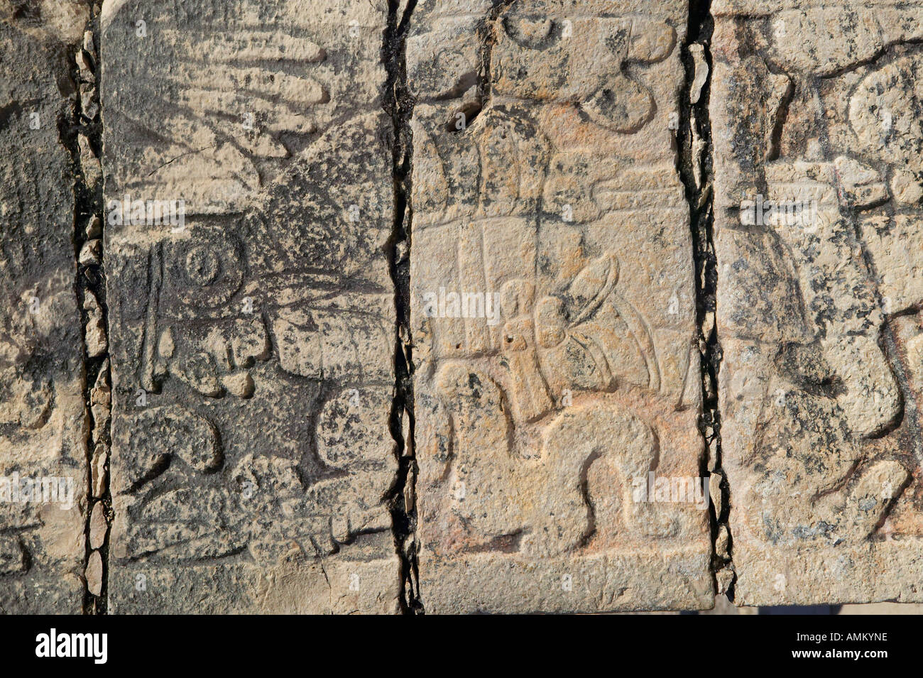 Carved stonework on the Temple of the Warriors at the ancient Mayan ...