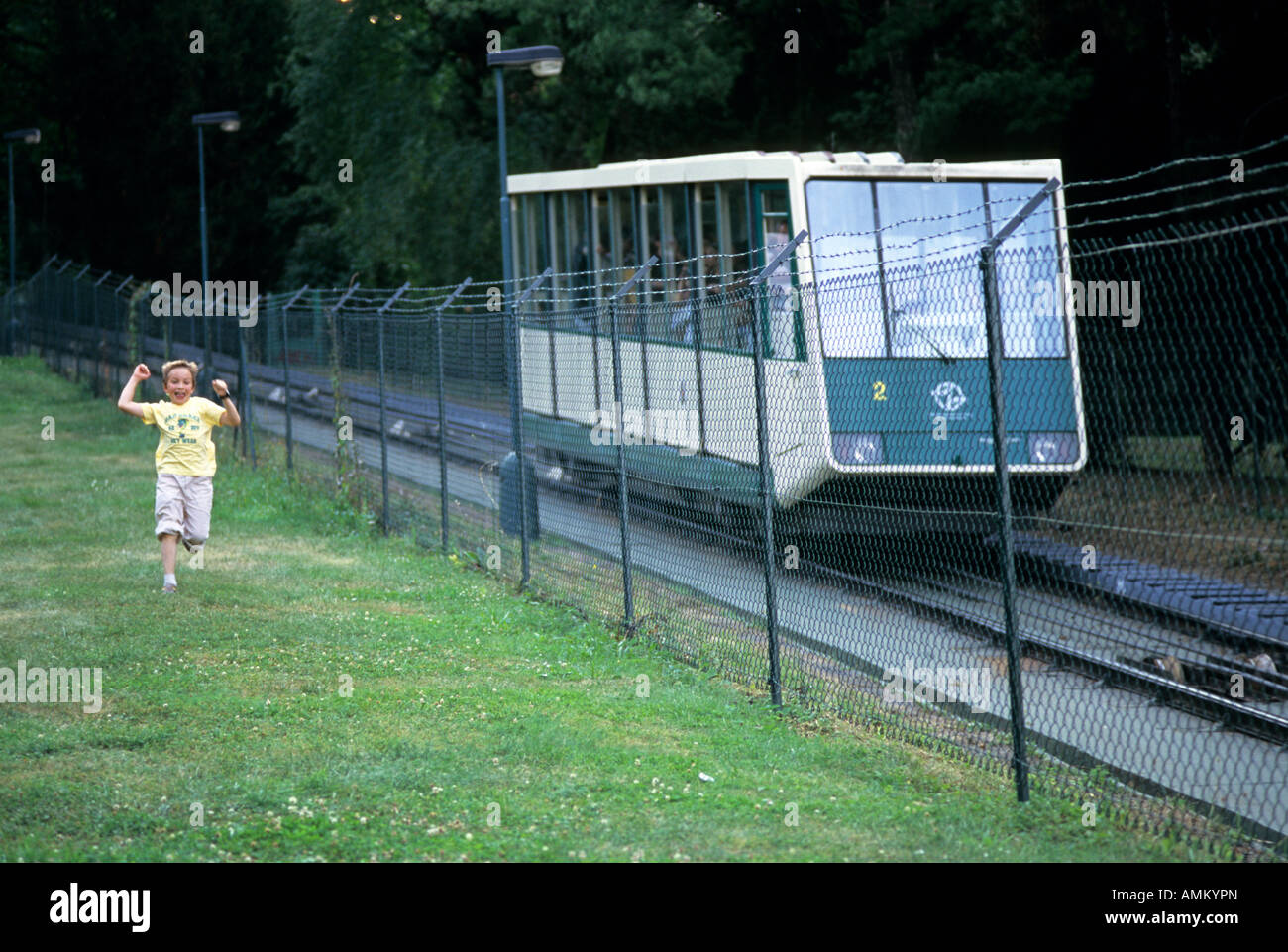 Czech Prague Petrin hill boy racing with funicular railway Stock Photo ...