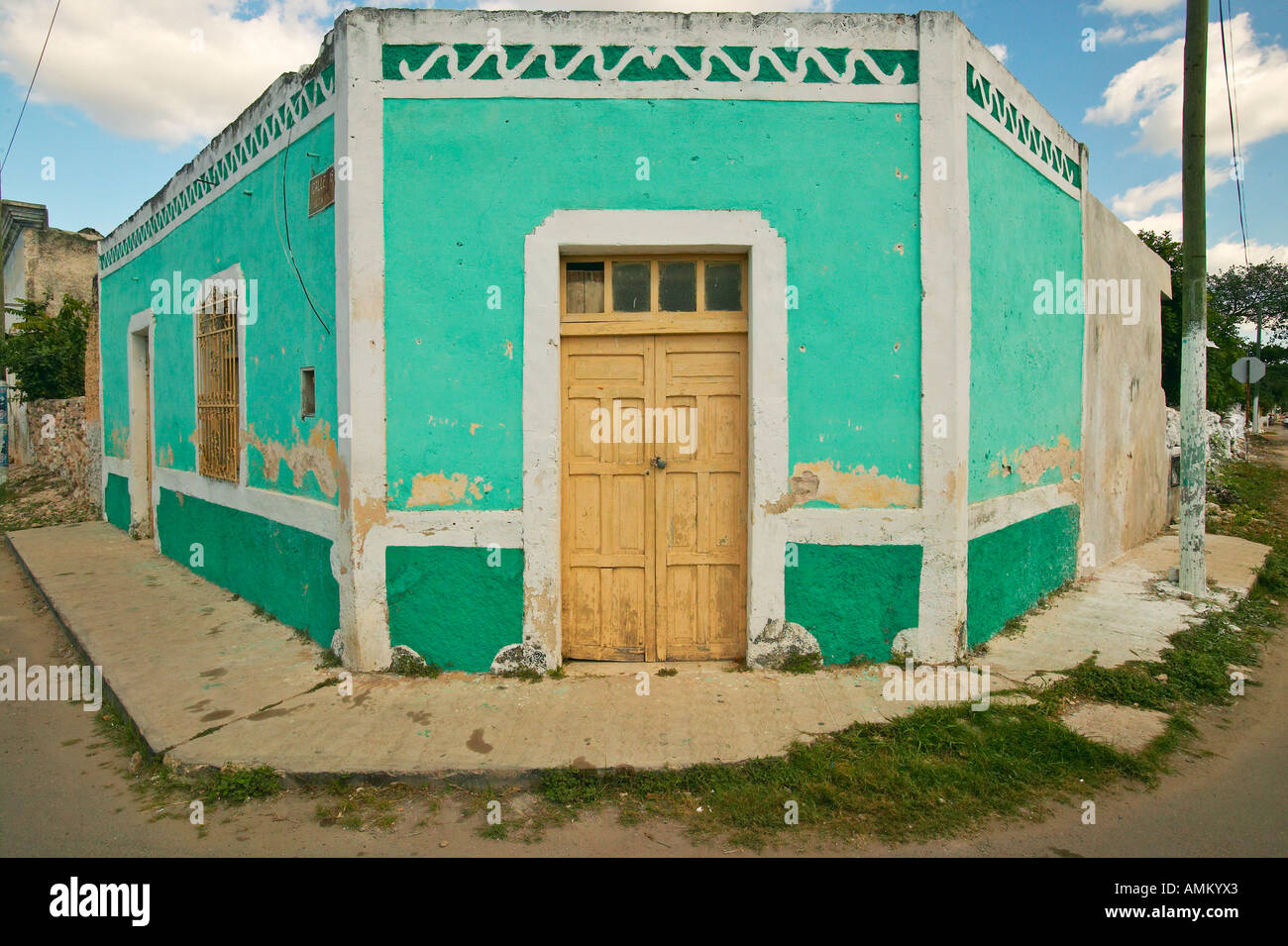 Old Mexican village of Celestun on Gulf of Mexico with old green ...