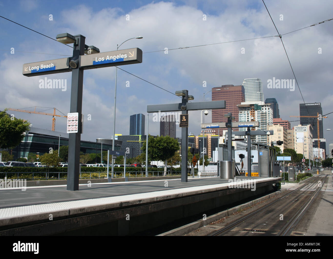 Pico blue line train station with downtown Los Angeles skyline October ...