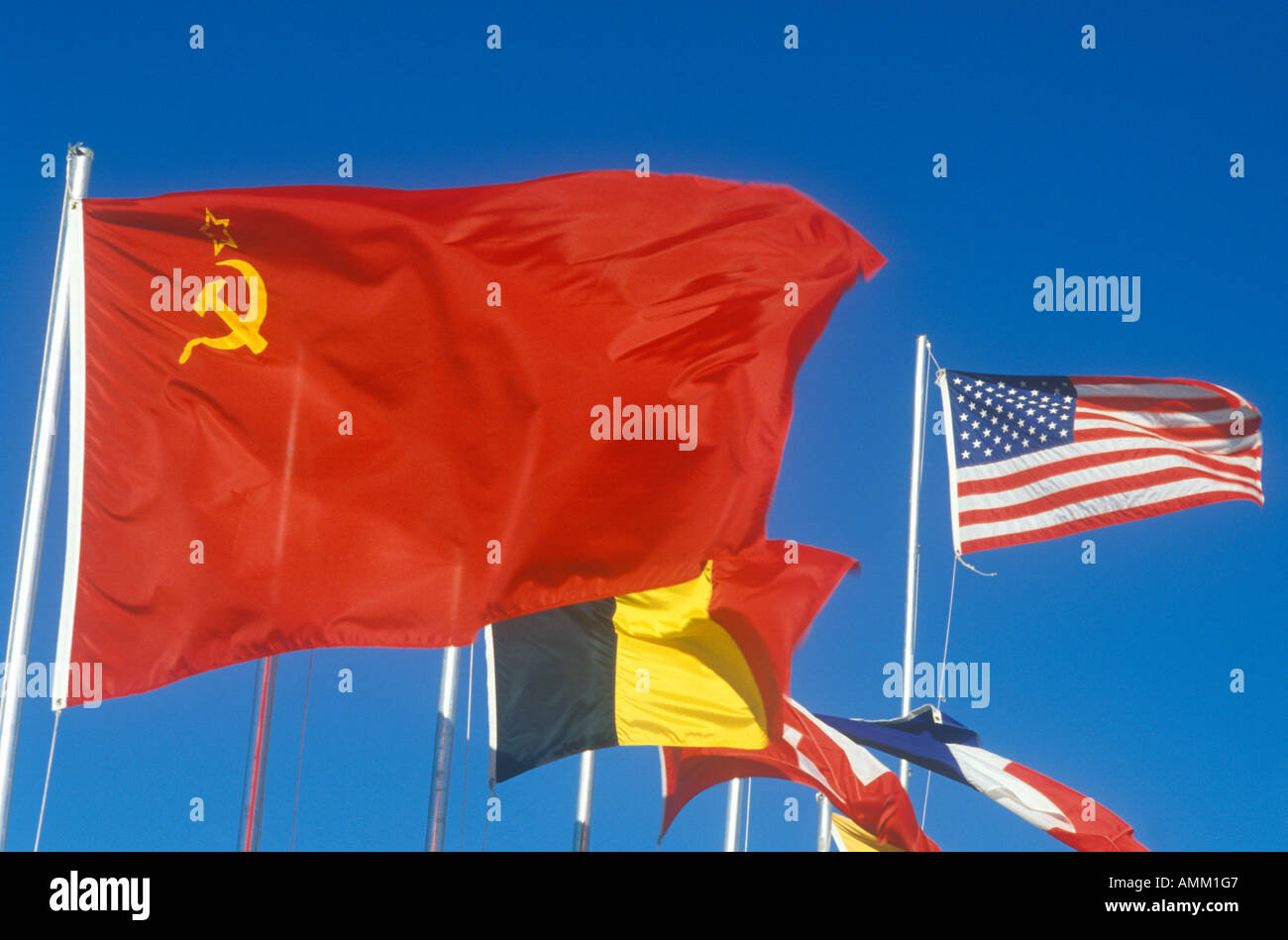 Global flags flying at the Albuquerque NM Balloon Fiesta Stock Photo ...